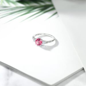 Gem Stone King 10K White Gold Pink Mystic Topaz White Created Sapphire and White Diamond Accent 3-Stone Engagement Ring For Women (1.15 Cttw, Round 6MM, Gemstone November Birthstone, Size 6)