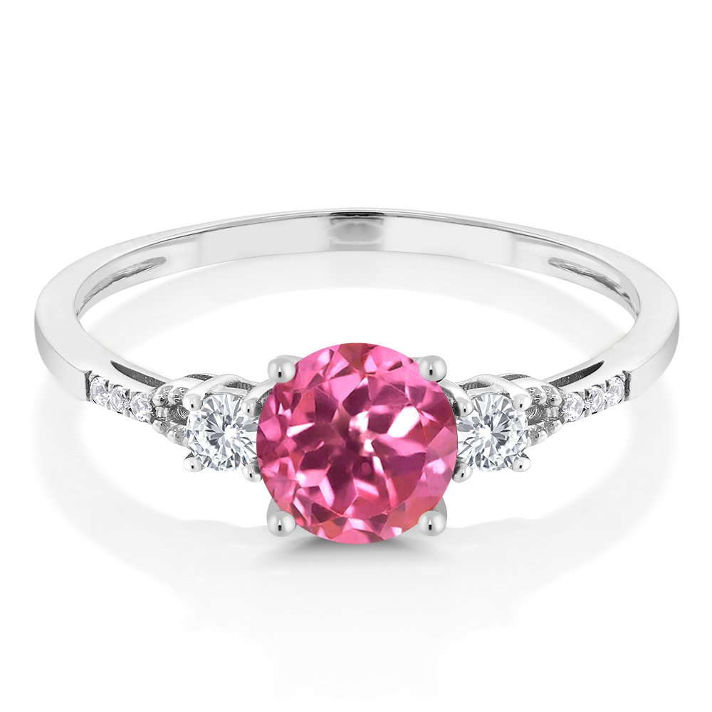 Gem Stone King 10K White Gold Pink Mystic Topaz White Created Sapphire and White Diamond Accent 3-Stone Engagement Ring For Women (1.15 Cttw, Round 6MM, Gemstone November Birthstone, Size 6)