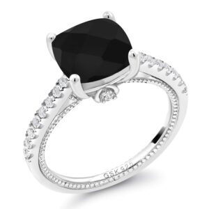 gem stone king 925 sterling silver black onyx and white created sapphire engagement ring for women (4.07 cttw, cushion checkerboard cut 10mm, gemstone birthstone, available in size 5, 6, 7, 8, 9)