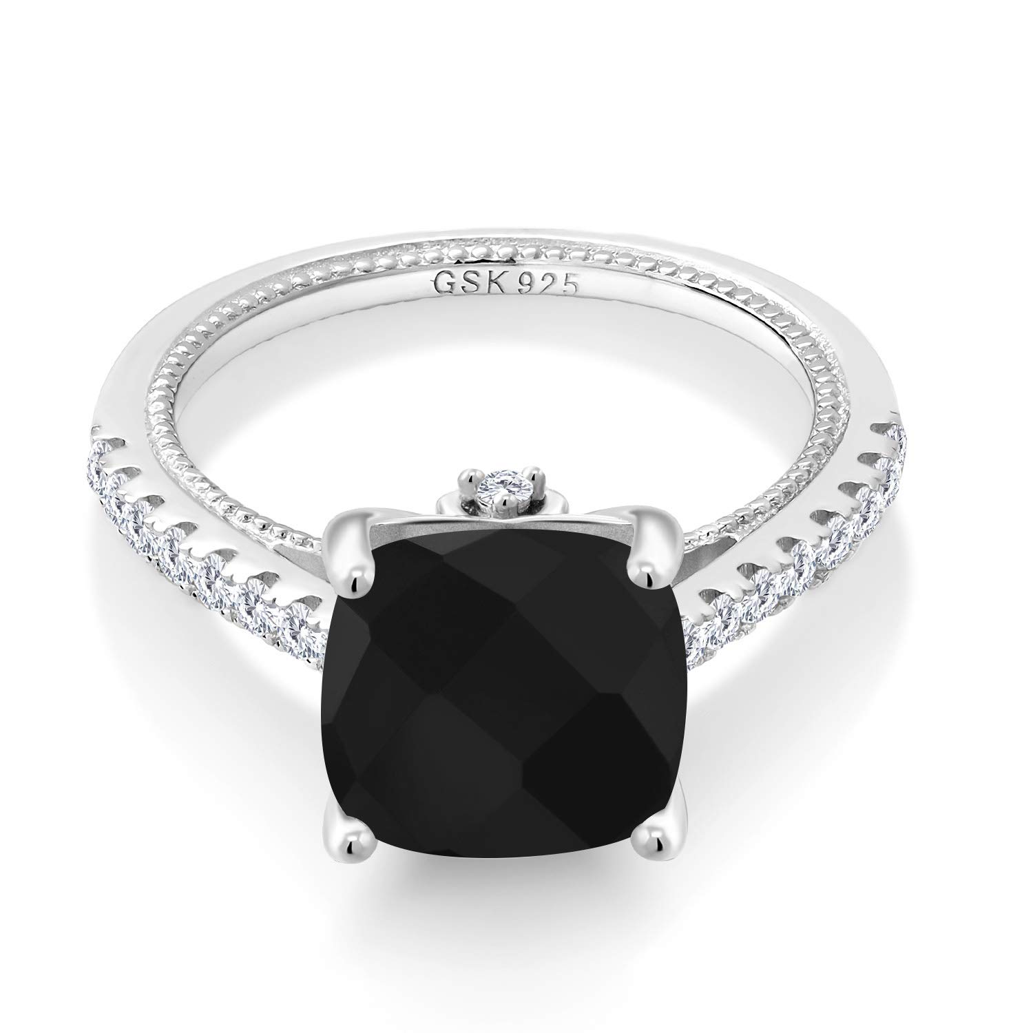 Gem Stone King 925 Sterling Silver Black Onyx and White Created Sapphire Engagement Ring For Women (4.07 Cttw, Cushion Checkerboard Cut 10MM, Gemstone Birthstone, Available In Size 5, 6, 7, 8, 9)