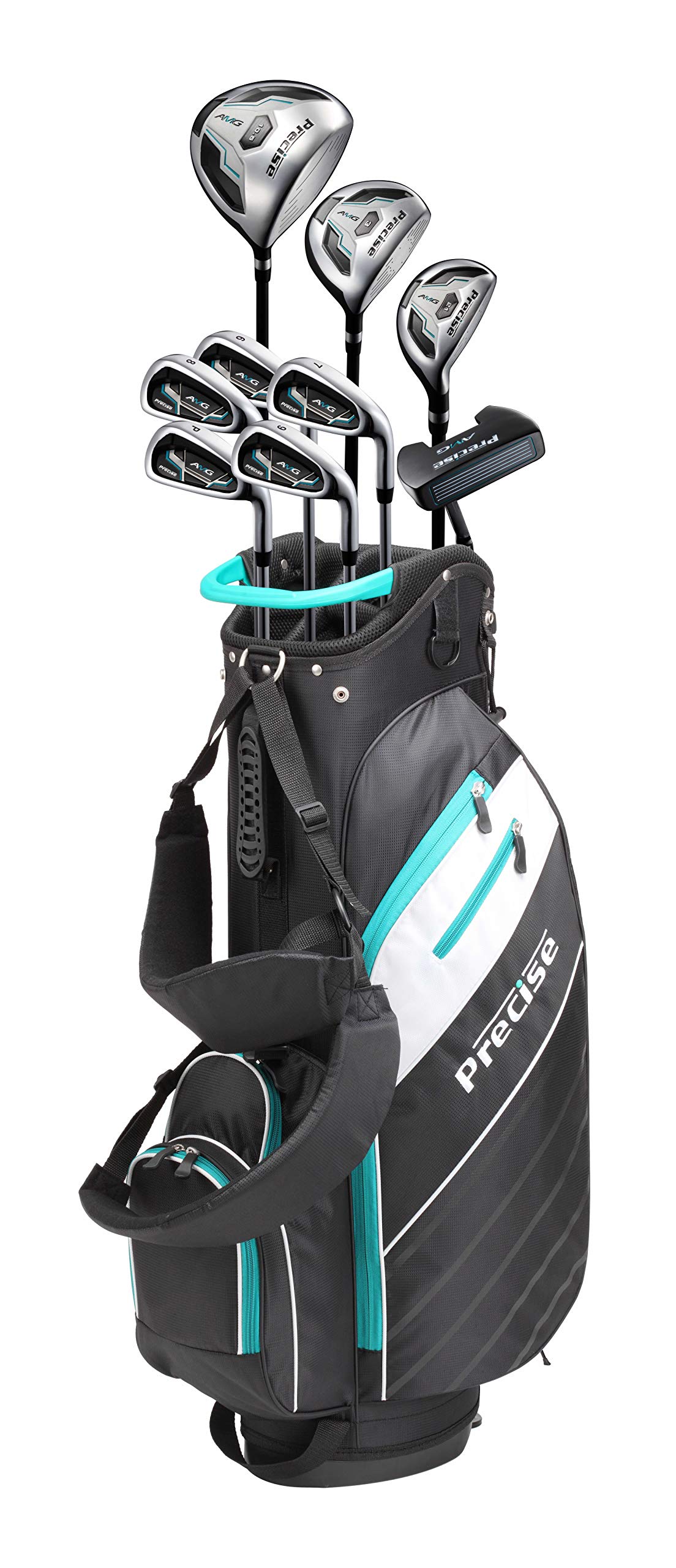 Precise AMG Men's Complete Golf Clubs Package Set Includes Titanium Driver, S.S. Fairway, S.S. Hybrid, S.S. 6-PW Irons, Putter, Bag, 3 H/C's Right Hand - Choose Size! (Tall Size +1", Right Hand)