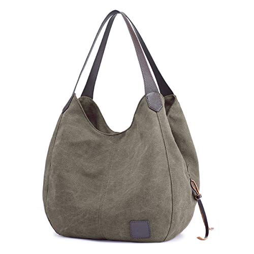 DOURR Women's Multi-pocket Shoulder Bag Fashion Cotton Canvas Handbag Tote Purse (Green - Medium Size)