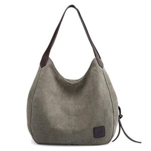 DOURR Women's Multi-pocket Shoulder Bag Fashion Cotton Canvas Handbag Tote Purse (Green - Medium Size)