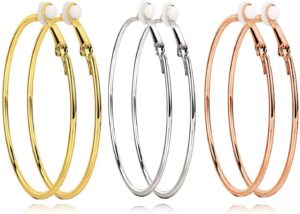 3 pairs clip on earrings 60mm big hoop earrings set non piercing earrings for women,gold plated rose gold silver hypoallergenic hoop earrings (60mm-2.36")