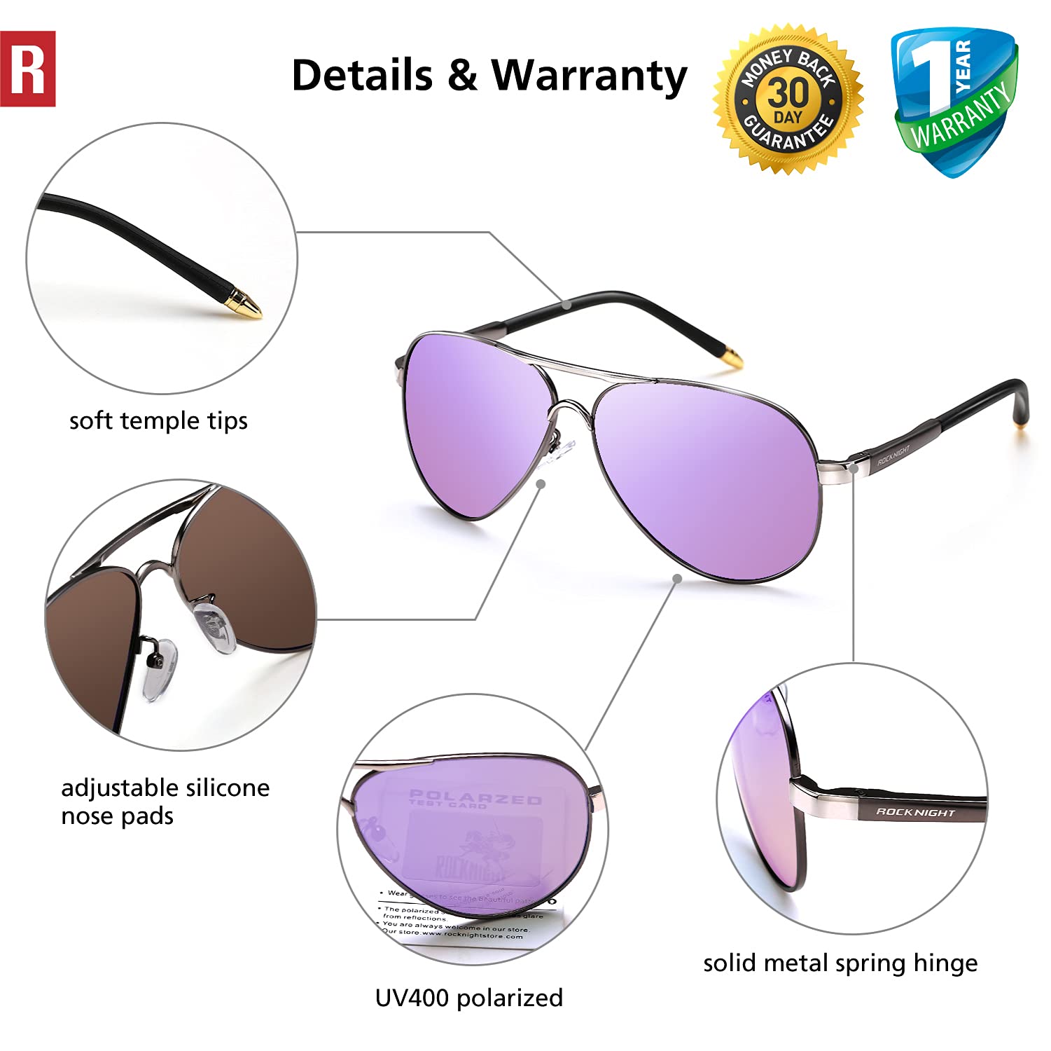 ROCKNIGHT Aviator Sunglasses for Women Polarized UV Protection Ladies Trendy Purple Sunglasses Mirrored Beach Fashion Sunglasses Present for Women