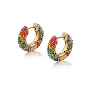 cinily huggie hoop earrings, rainbow colorful crystal yellow gold plated cuff earrings fashion small hoop earrings for women