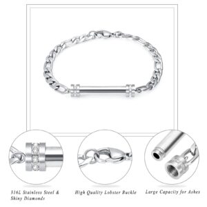 Hearbeingt Memorial Bracelet, Cylinder Cremation Jewelry Urn Bangle for Ashes, Classic Crystal Cremation Keepsake Ashes Holder Made of Stainless Steel with Free Fill Kit, Silvery