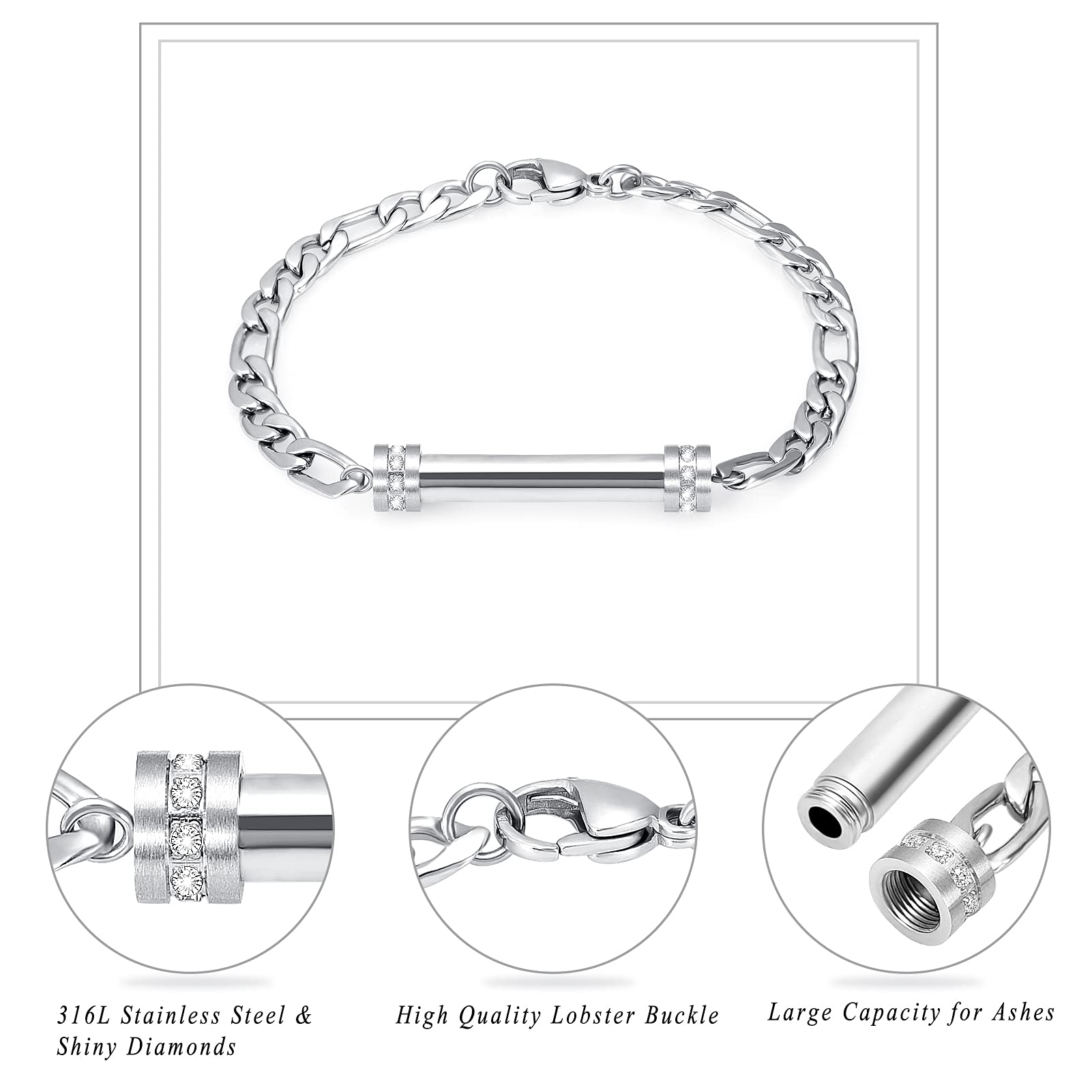 Hearbeingt Memorial Bracelet, Cylinder Cremation Jewelry Urn Bangle for Ashes, Classic Crystal Cremation Keepsake Ashes Holder Made of Stainless Steel with Free Fill Kit, Silvery