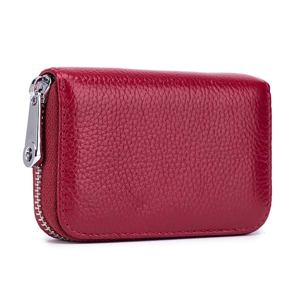 EASTNIGHTS Leather Credit Card Wallet RFID Blocking Zipper Card Case Holder for Women Compact Size 14 Slots (wine red)