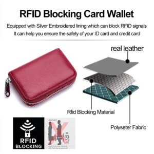 EASTNIGHTS Leather Credit Card Wallet RFID Blocking Zipper Card Case Holder for Women Compact Size 14 Slots (wine red)