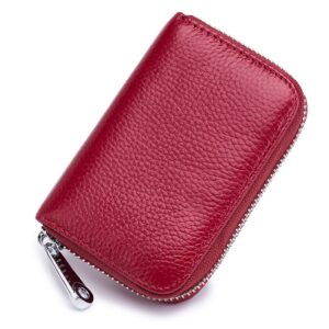 EASTNIGHTS Leather Credit Card Wallet RFID Blocking Zipper Card Case Holder for Women Compact Size 14 Slots (wine red)