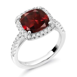 Gem Stone King 925 Sterling Silver Red Garnet and White Created Sapphire Ring For Women (3.10 Cttw, Cushion Cut 8MM, Gemstone Birthstone, Available In Size 5,6,7,8,9)