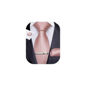 DiBanGu Plaid Ties for Men Silk Checkered Necktie and Pocket Square Cufflinks Tie Clip Set with Gift Box for Wedding Business, Rose Gold