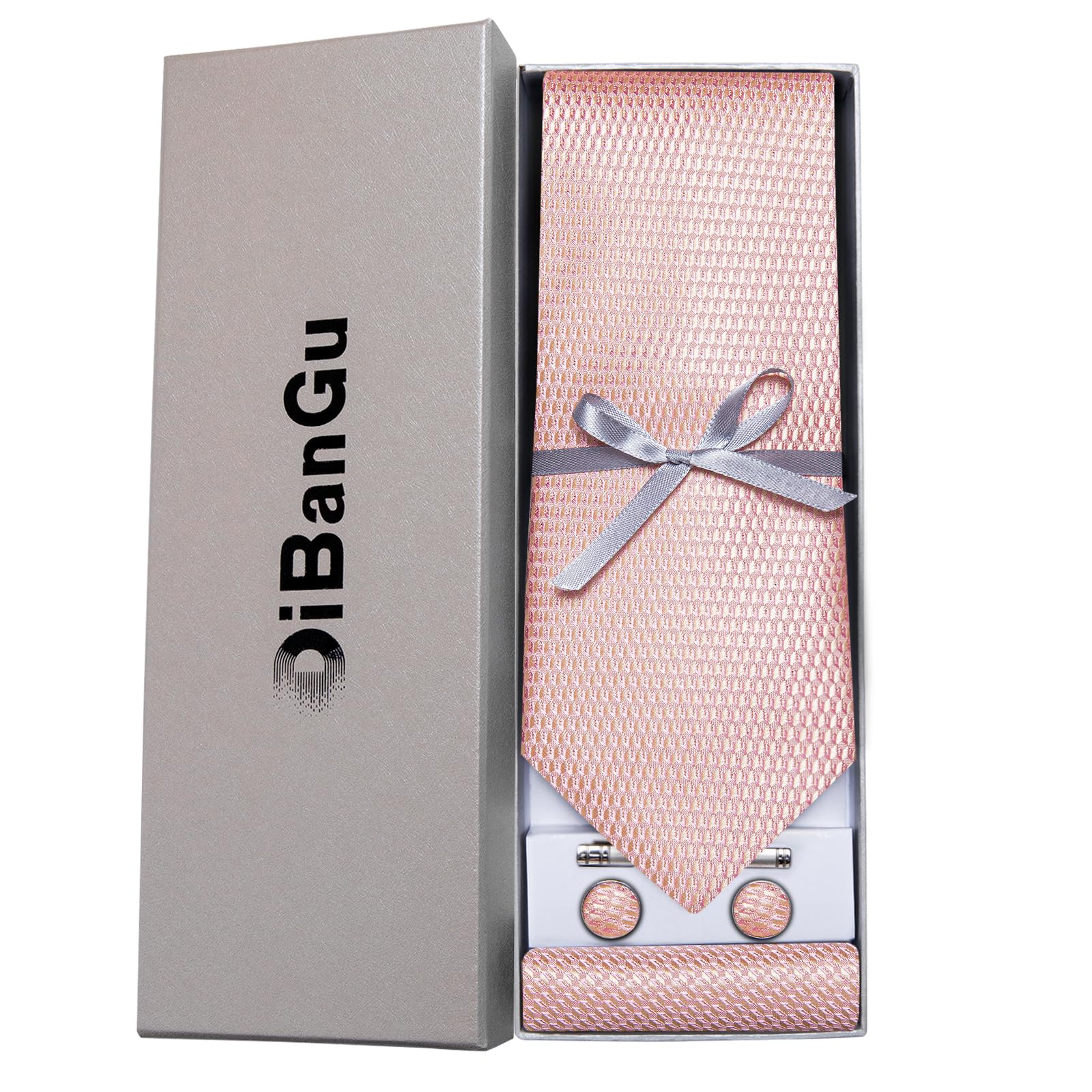 DiBanGu Plaid Ties for Men Silk Checkered Necktie and Pocket Square Cufflinks Tie Clip Set with Gift Box for Wedding Business, Rose Gold