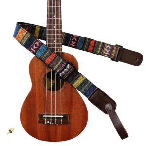 music first classic country style soft yarn-dyed fabric & genuine leather ukulele strap ukulele shoulder strap version 2.0 with a music first genuine leather strap locker