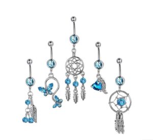 xigua melon 5pcs female button navel ring, 316l medical steel body piercing dream catcher belly button set