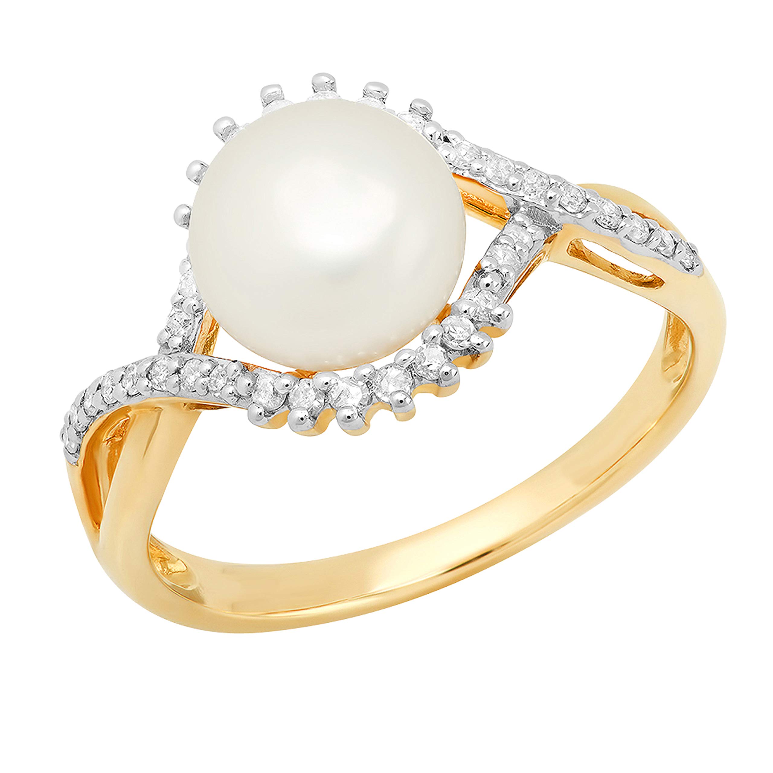 Dazzlingrock Collection 10K 9 MM Round White Freshwater Pearl & White Diamond Ladies Split Shank Engagement Ring, Yellow Gold, Size 7