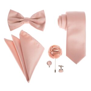 men's premium neck tie bow tie pocket square lapel pin cufflinks gift set for suit & tuxedo - many colors (dusty pink/rose gold new)