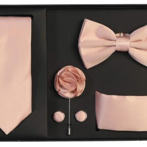 Men's Premium Neck tie Bow Tie Pocket Square Lapel Pin Cufflinks Gift Set For Suit & Tuxedo - Many Colors (Dusty Pink/Rose Gold New)