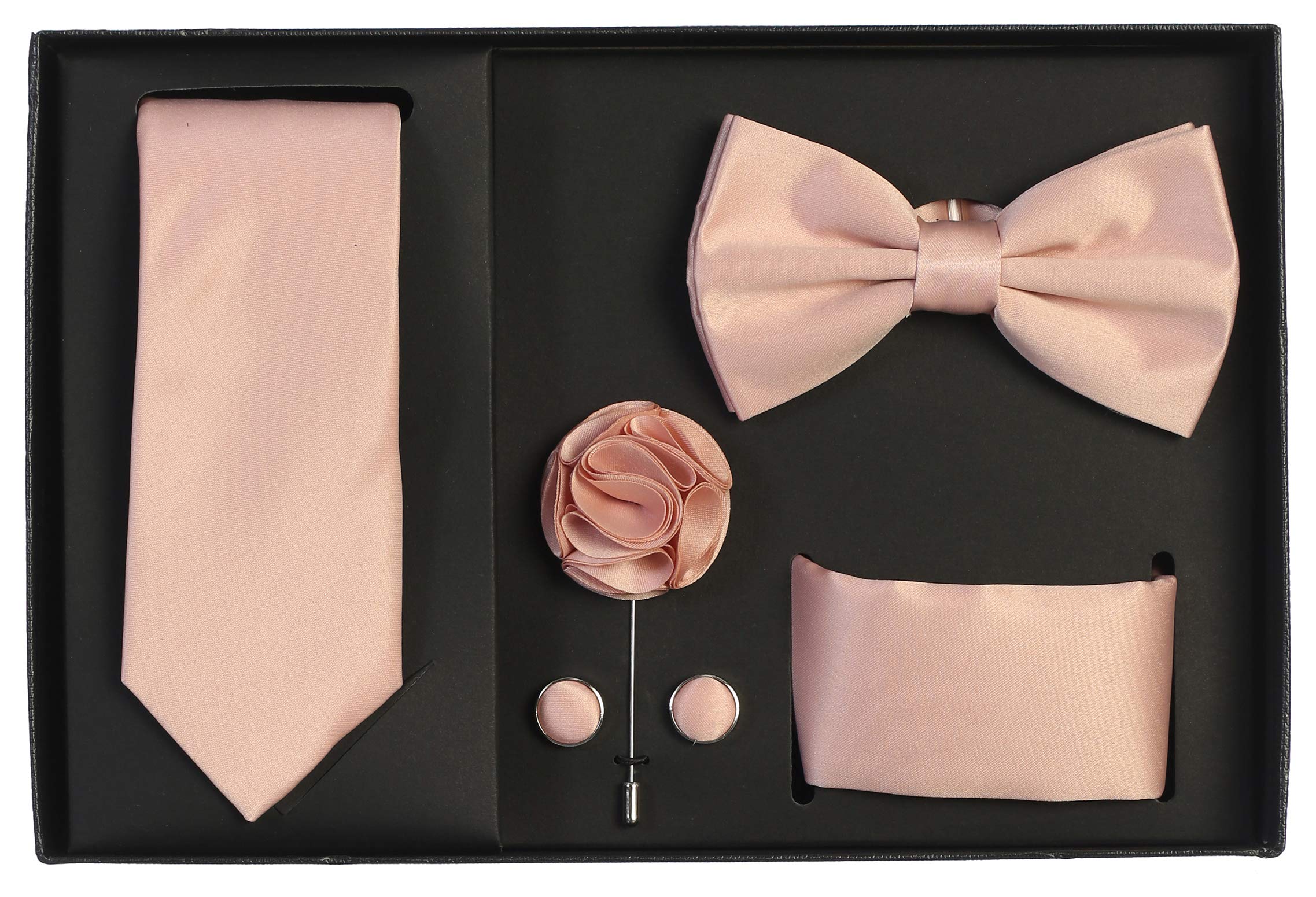 Men's Premium Neck tie Bow Tie Pocket Square Lapel Pin Cufflinks Gift Set For Suit & Tuxedo - Many Colors (Dusty Pink/Rose Gold New)