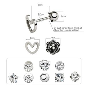 10 Pairs 16g Ear Cartilage Helix Surgical Stainless Steel Cubic Zirconia Stud Cartilage Earrings Huggie Screw Backs Ear Tragus Auricle Cute Love Heart Flower Barbell Piercing Set 4mm (Silver)