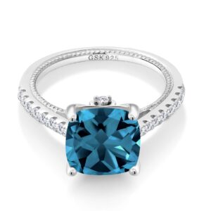 gem stone king 925 sterling silver london blue topaz and white created sapphire ring for women (5.47 cttw, cushion 10mm, available in size 5, 6, 7, 8, 9)