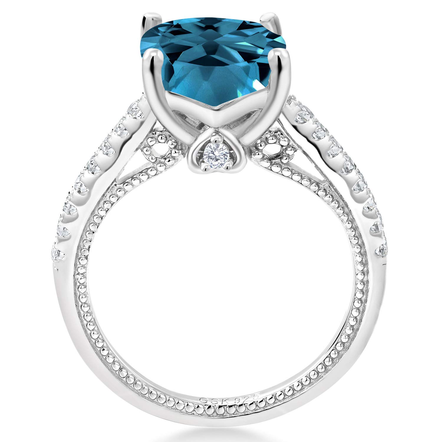 Gem Stone King 925 Sterling Silver London Blue Topaz and White Created Sapphire Ring For Women (5.47 Cttw, Cushion 10MM, Available In Size 5, 6, 7, 8, 9)