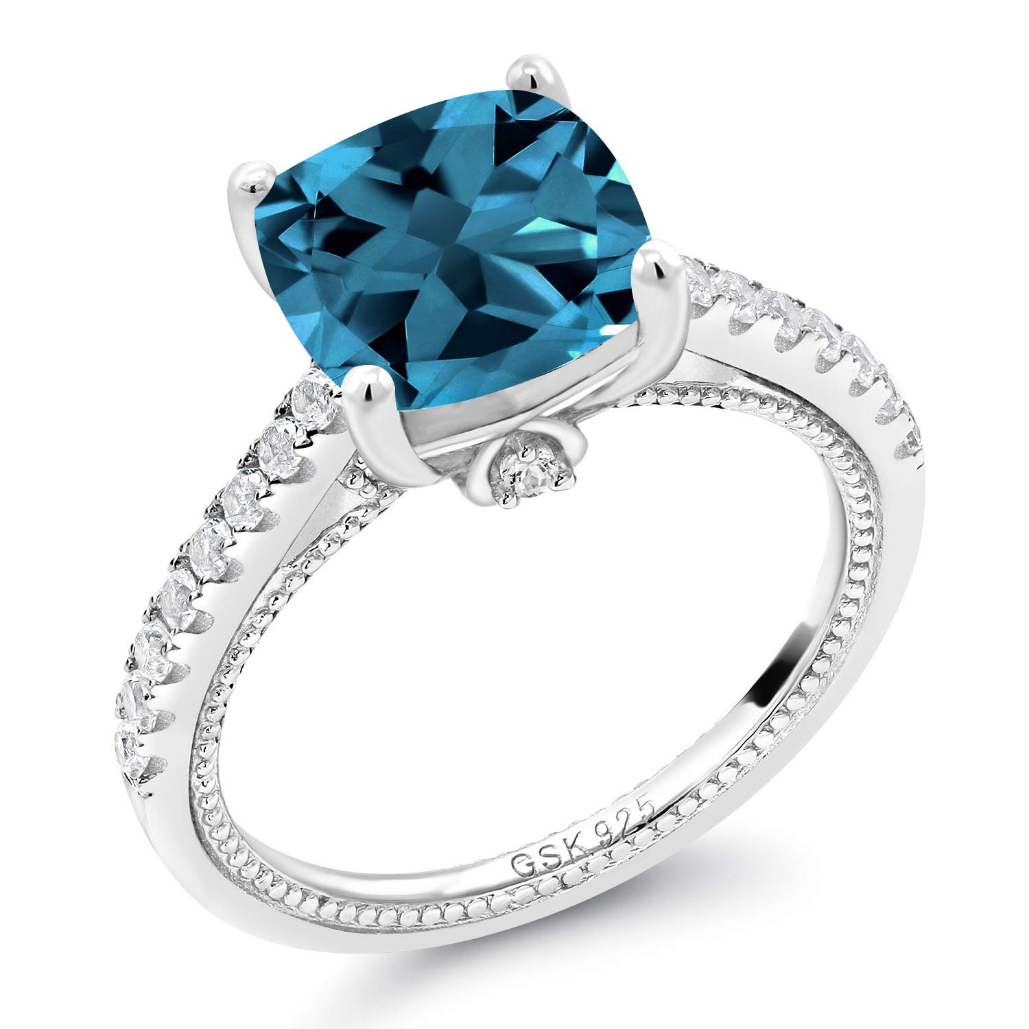 Gem Stone King 925 Sterling Silver London Blue Topaz and White Created Sapphire Ring For Women (5.47 Cttw, Cushion 10MM, Available In Size 5, 6, 7, 8, 9)