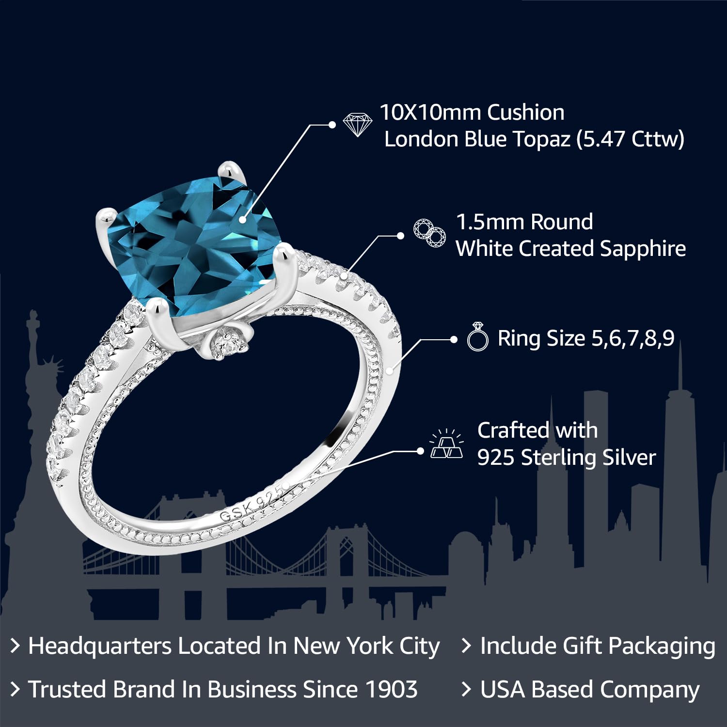 Gem Stone King 925 Sterling Silver London Blue Topaz and White Created Sapphire Ring For Women (5.47 Cttw, Cushion 10MM, Available In Size 5, 6, 7, 8, 9)