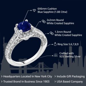 Gem Stone King 925 Sterling Silver 6MM Cushion Gemstone Birthstone and Accent White Created Sapphire Engagement Ring | Wedding Anniversary Promise Ring For Women | Available In Size 5, 6, 7, 8, 9