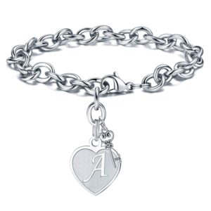 initial charm bracelet for women - engraved letter a initial bracelet womens stainless steel heart letter charm bracelet adjustable birthday christmas valentines gifts for her women teen girls