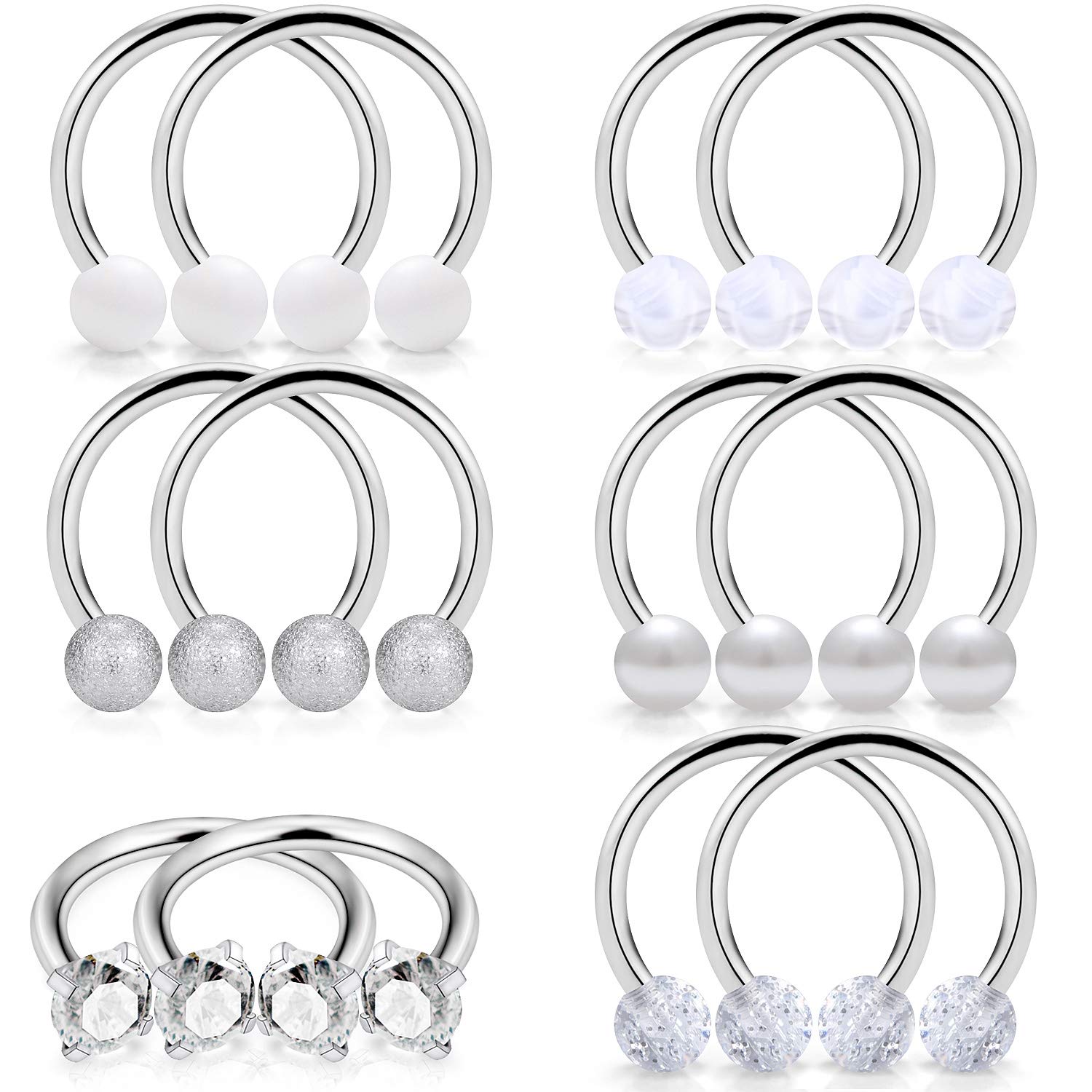 SCERRING 6 Pairs 14G Stainless Steel Horseshoe Nipple Rings Hoop Cartilage Earrings Nipplerings Piercing Jewelry Women Men Clear CZ 16mm Silver