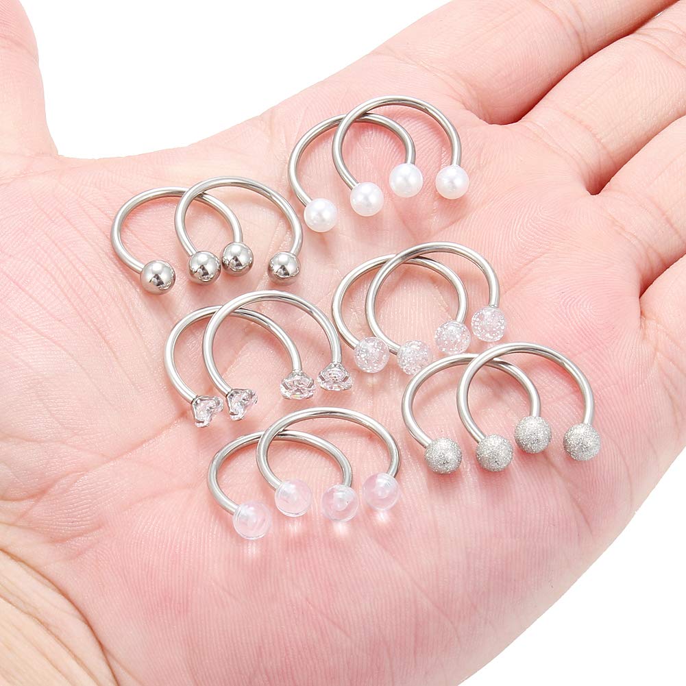 SCERRING 6 Pairs 14G Stainless Steel Horseshoe Nipple Rings Hoop Cartilage Earrings Nipplerings Piercing Jewelry Women Men Clear CZ 16mm Silver