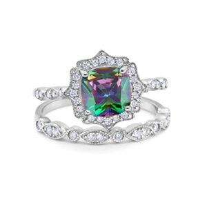 Blue Apple Co. Two Piece Art Deco Wedding Engagement Ring Band Cushion Simulated Rainbow Cubic Zirconia 925 Sterling Silver Size-8