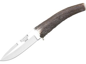 joker outdoor knife luchadera cc69, deer horn handle, 3.94 inches mova blade, with brown leather sheath, tool for fishing, hunting, camping and hiking