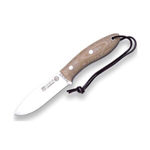 joker survival knife canadiense cm114, brown canvas micarta handle, 4.13 inches blade of sandvik 14c28n, brown leather sheath, tool for fishing, hunting, camping and hiking