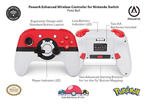 PowerA Enhanced Wireless Controller for Nintendo Switch: Pokemon Poke Ball Red - Nintendo Switch, Nintendo Switch Lite, Gamepad, game controller, Bluetooth controller, AA Battery