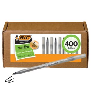 bic round stic xtra life black ballpoint pens, medium point (1.0mm), 400-count pack of bulk pens, flexible round barrel for comfortable writing, no. 1 selling ballpoint pens