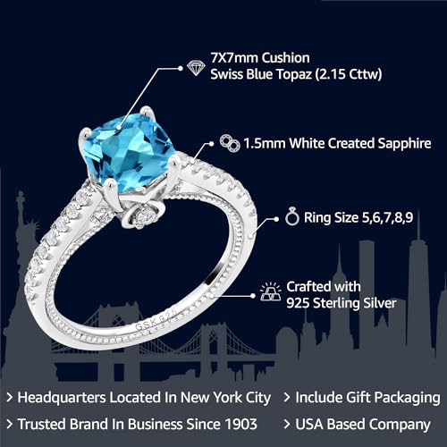 Gem Stone King 925 Sterling Silver Cushion 7MM Gemstone Birthstone and White Created Sapphire Engagement Ring | Wedding Engagement Anniversary Promise Ring For Women