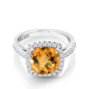 gem stone king 925 sterling silver yellow citrine and white created sapphire engagement ring for women (2.50 ct cushion checkerboard, gemstone birthstone, available in size 5, 6, 7, 8, 9)