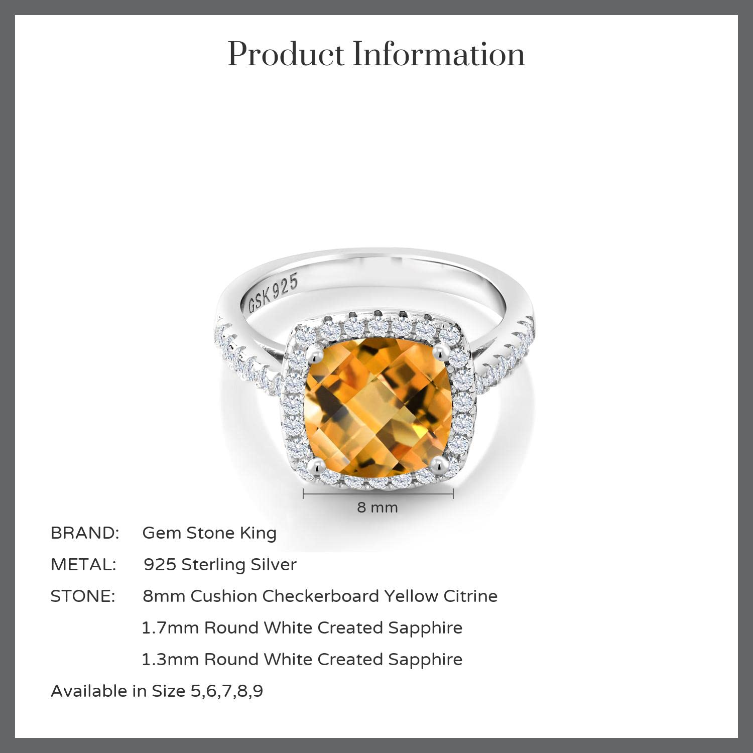 Gem Stone King 925 Sterling Silver Yellow Citrine and White Created Sapphire Engagement Ring For Women (2.50 Ct Cushion Checkerboard, Gemstone Birthstone, Available In Size 5, 6, 7, 8, 9)