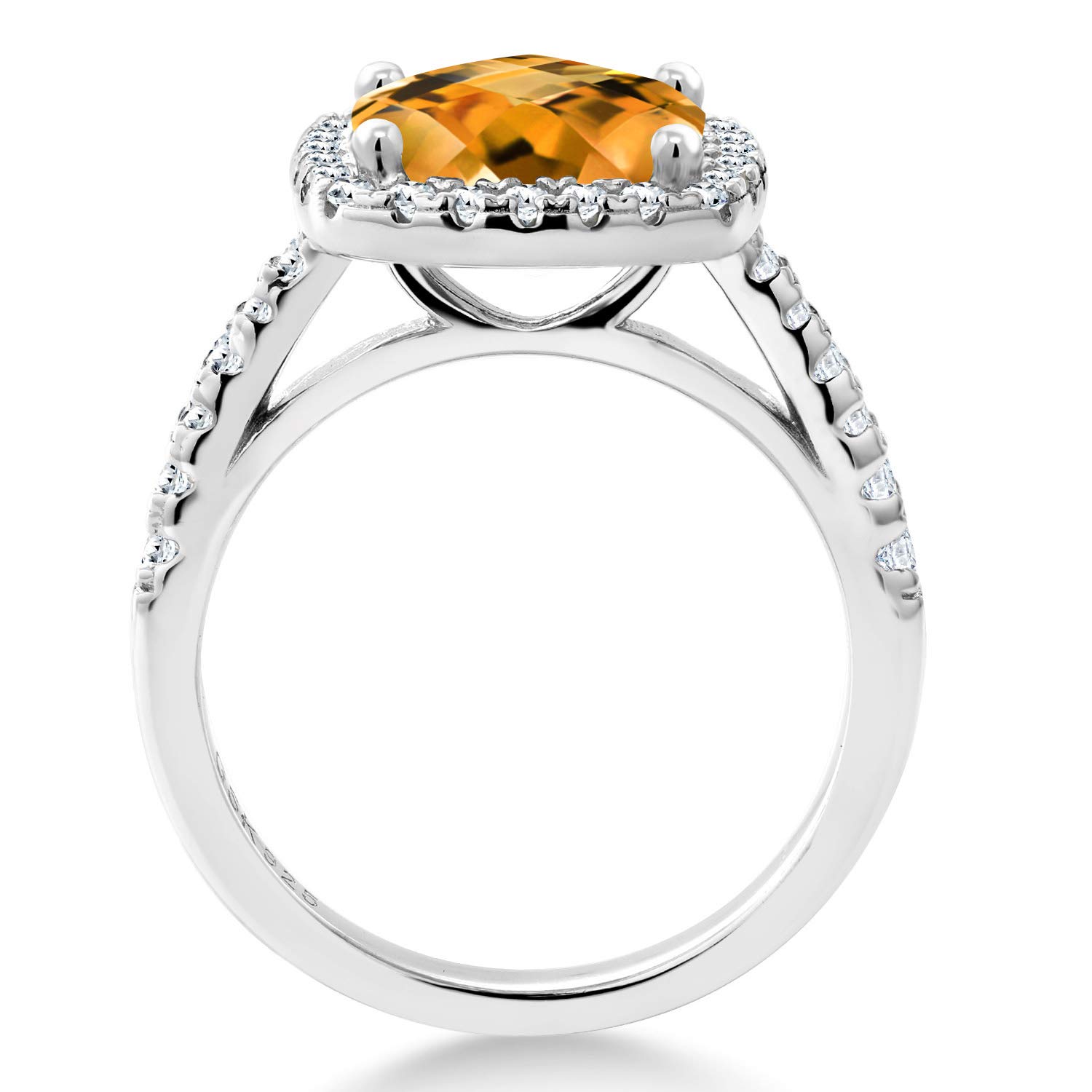 Gem Stone King 925 Sterling Silver Yellow Citrine and White Created Sapphire Engagement Ring For Women (2.50 Ct Cushion Checkerboard, Gemstone Birthstone, Available In Size 5, 6, 7, 8, 9)