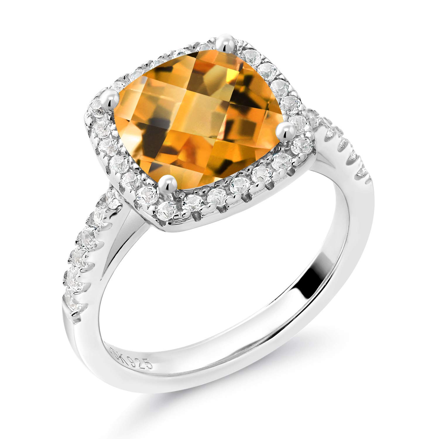 Gem Stone King 925 Sterling Silver Yellow Citrine and White Created Sapphire Engagement Ring For Women (2.50 Ct Cushion Checkerboard, Gemstone Birthstone, Available In Size 5, 6, 7, 8, 9)