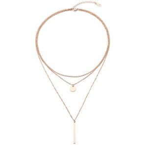 lettarius disc bar pendant layering necklace stainless steel rosegold cute charm multi layered chain choker collar fashion statement jewelry for women