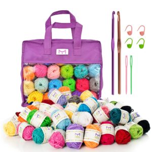 crochet kit for beginners| 40 mini skeins of colorful acrylic yarn for crocheting & knitting (875 yards), storage bag, 2 crochet hooks, 4 crochet stitch markers, 2 needles & 7 pdf ebooks