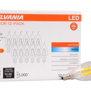 SYLVANIA LED B10 Chandelier Light Bulb, 60W Equivalent Efficient 5W, Dimmable, Candelabra Base, Clear, 5000K, Daylight - 12 Pack (40207)