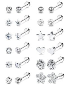 lolias 12 pairs 18g barbell stud earrings for men women stainless steel ball cz cartilage helix surgical flatback earrings set