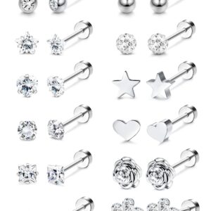 LOLIAS 12 Pairs 18G Barbell Stud Earrings for Men Women Stainless Steel Ball CZ Cartilage Helix Surgical Flatback Earrings Set