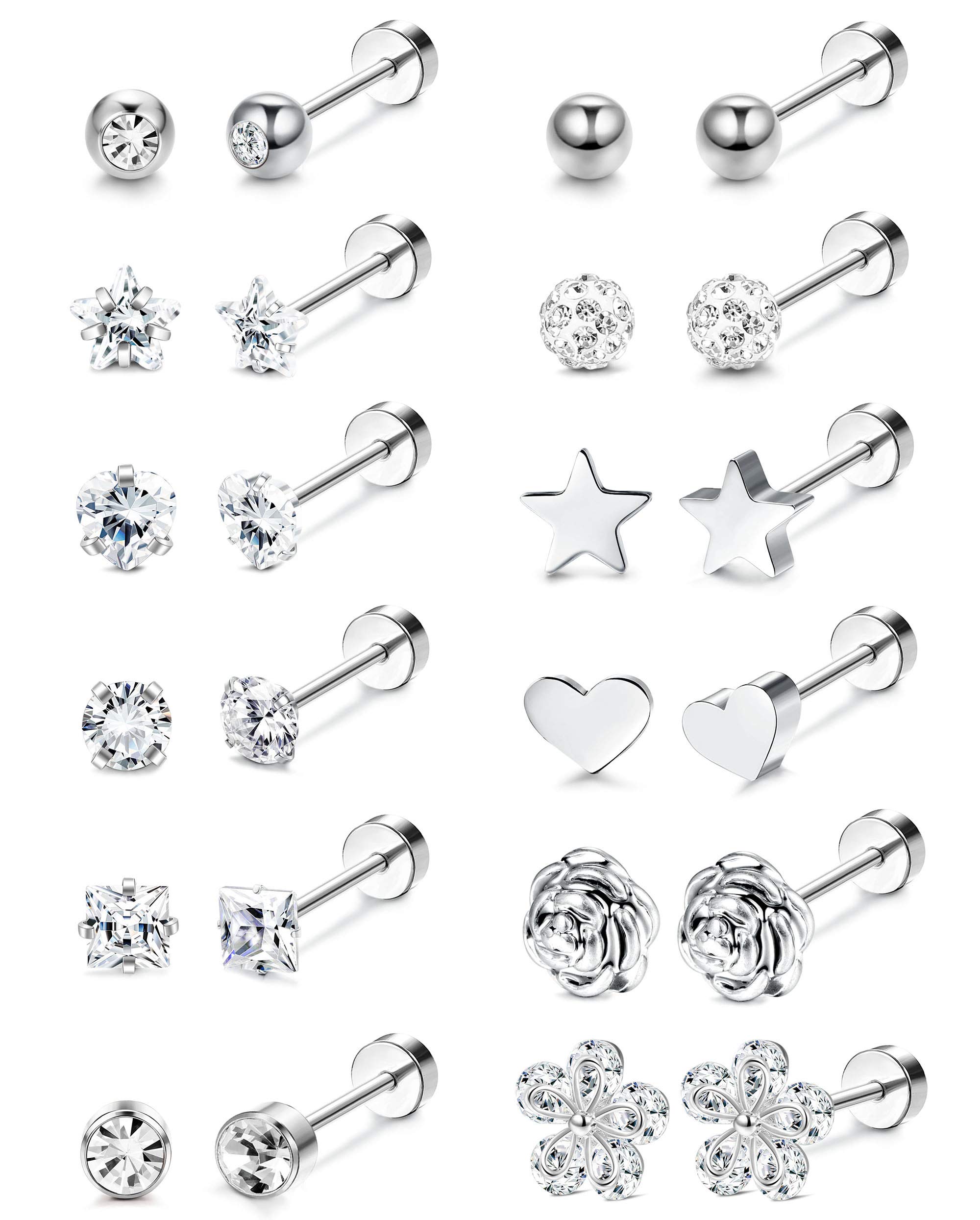 LOLIAS 12 Pairs 18G Barbell Stud Earrings for Men Women Stainless Steel Ball CZ Cartilage Helix Surgical Flatback Earrings Set