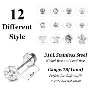 LOLIAS 12 Pairs 18G Barbell Stud Earrings for Men Women Stainless Steel Ball CZ Cartilage Helix Surgical Flatback Earrings Set